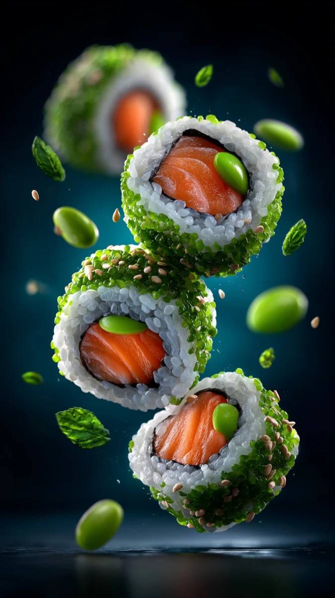 Colorful Sushi Rolls Floating in Air | Foodiesfeed AI