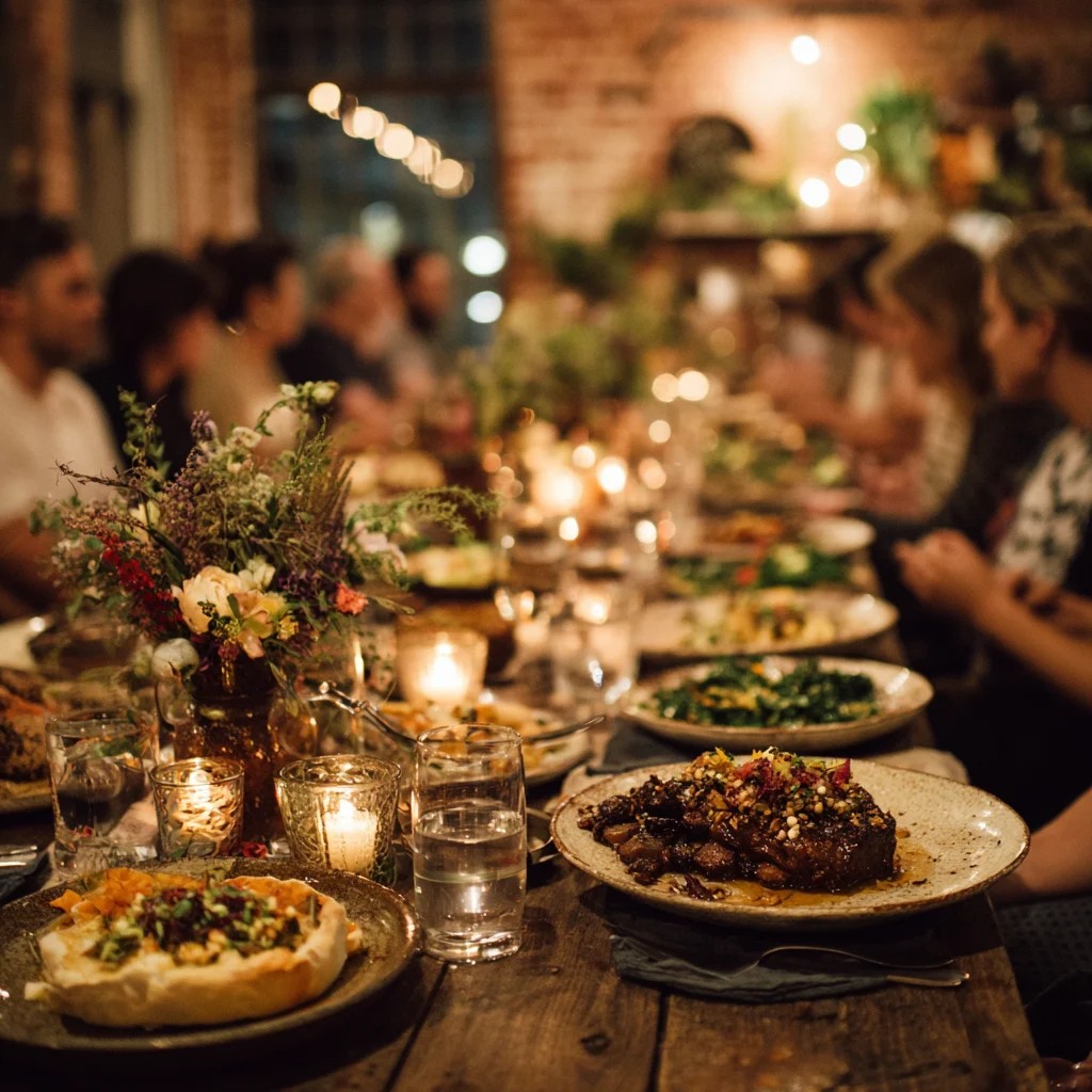Cozy Dinner Table with Delicious Meals | Foodiesfeed AI