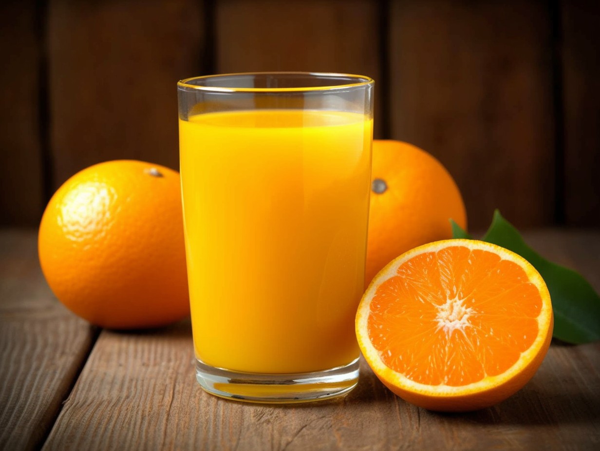 Fresh Orange Juice and Fruits on Rustic Background | Foodiesfeed AI