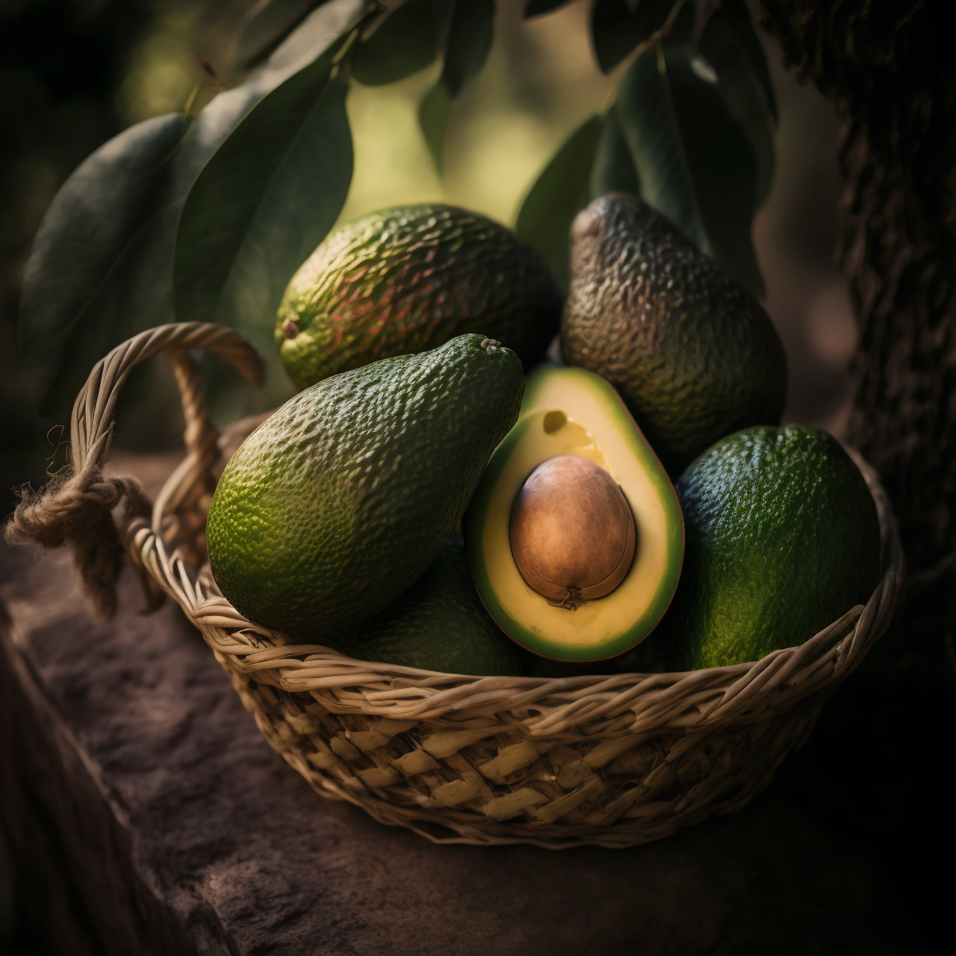 Freshly picked avocados in a basket | Foodiesfeed AI