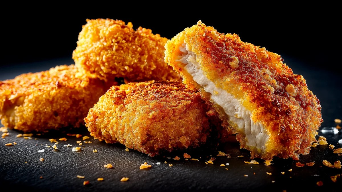 Golden Crispy Chicken Nuggets on Slate | Foodiesfeed AI