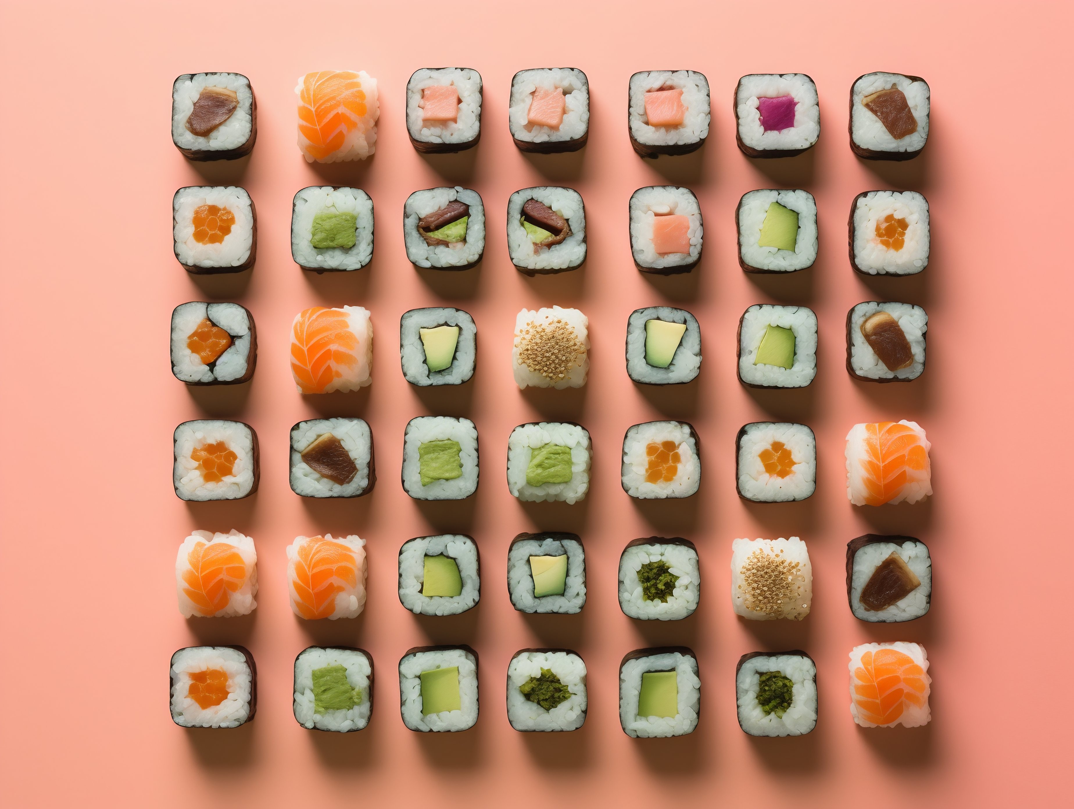 Sushi on a pastel color background | Foodiesfeed AI