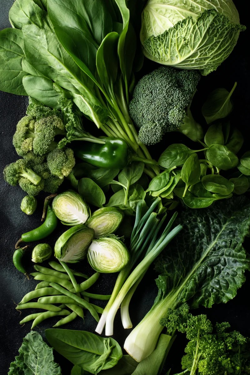 Vibrant Green Vegetable Medley on Dark Surface | Foodiesfeed AI