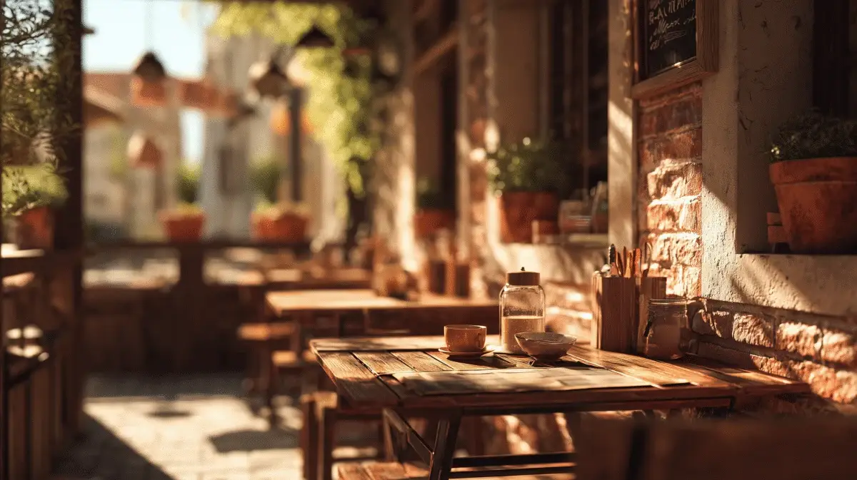Cozy Outdoor Cafe with Rustic Wooden Tables | Foodiesfeed AI