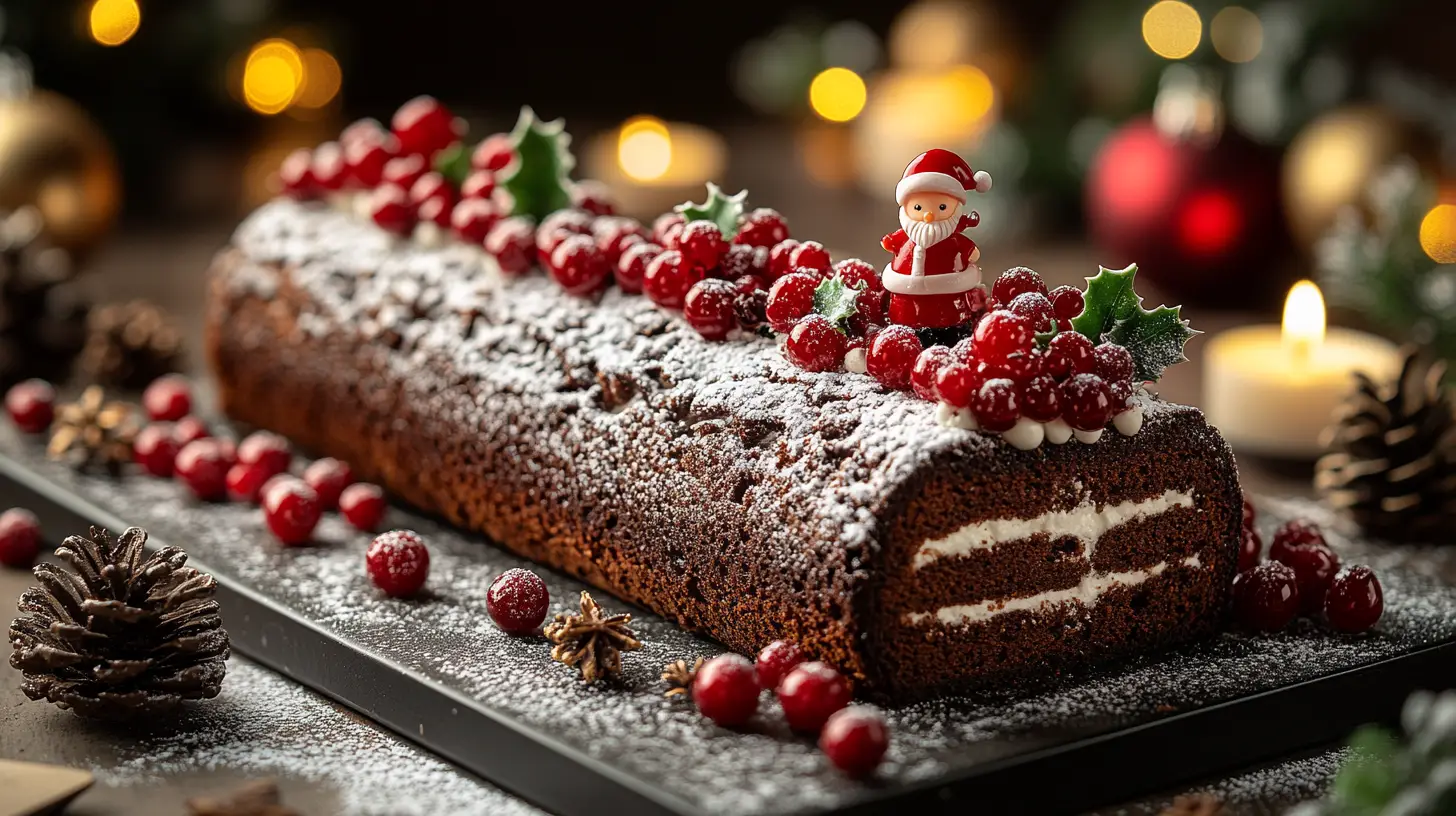 Festive Chocolate Yule Log Cake with Holly Decor | Foodiesfeed AI