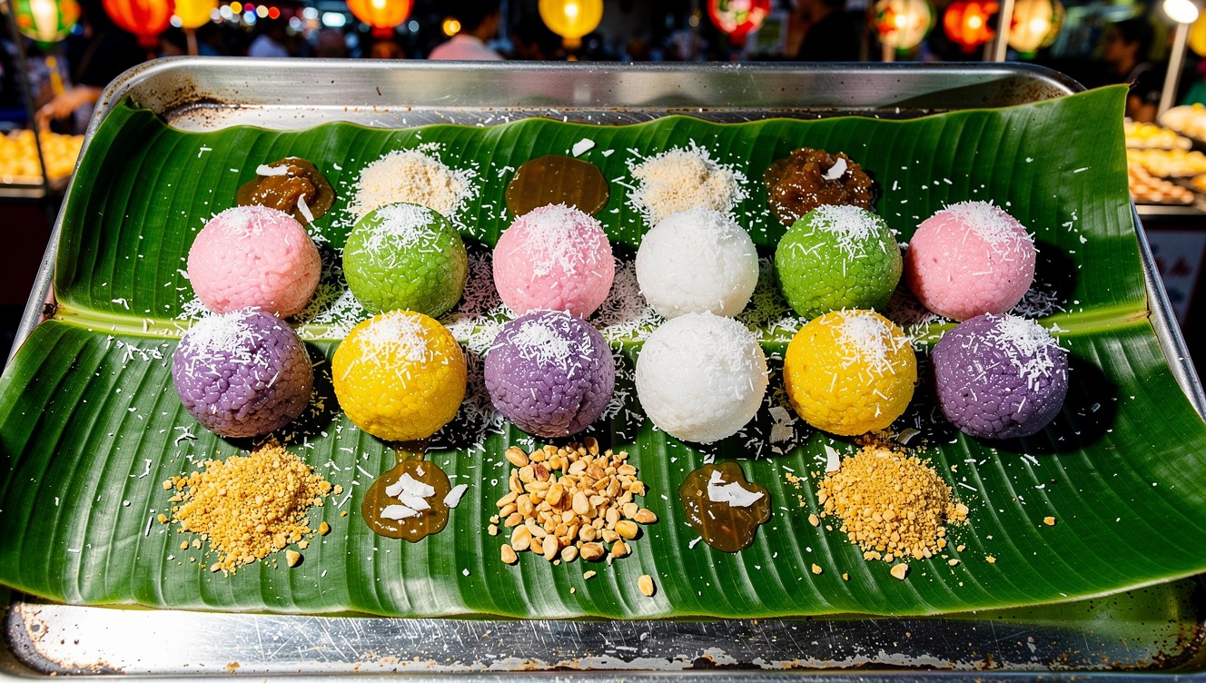 Colorful Sticky Rice Balls with Coconut Topping | Foodiesfeed AI
